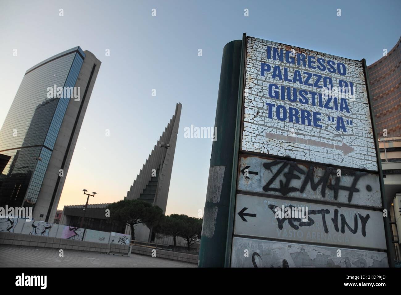 Way in sign for the Naples Palace of Justice, and the Church of Saint ...