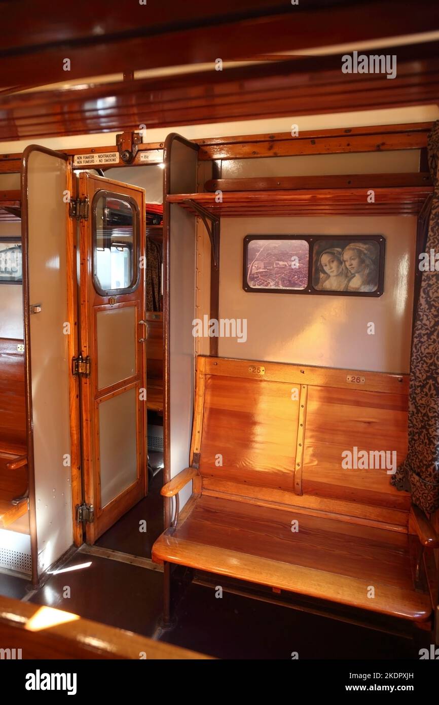 Interior of vintage preserved "Centoporte" Italian Railways train ...