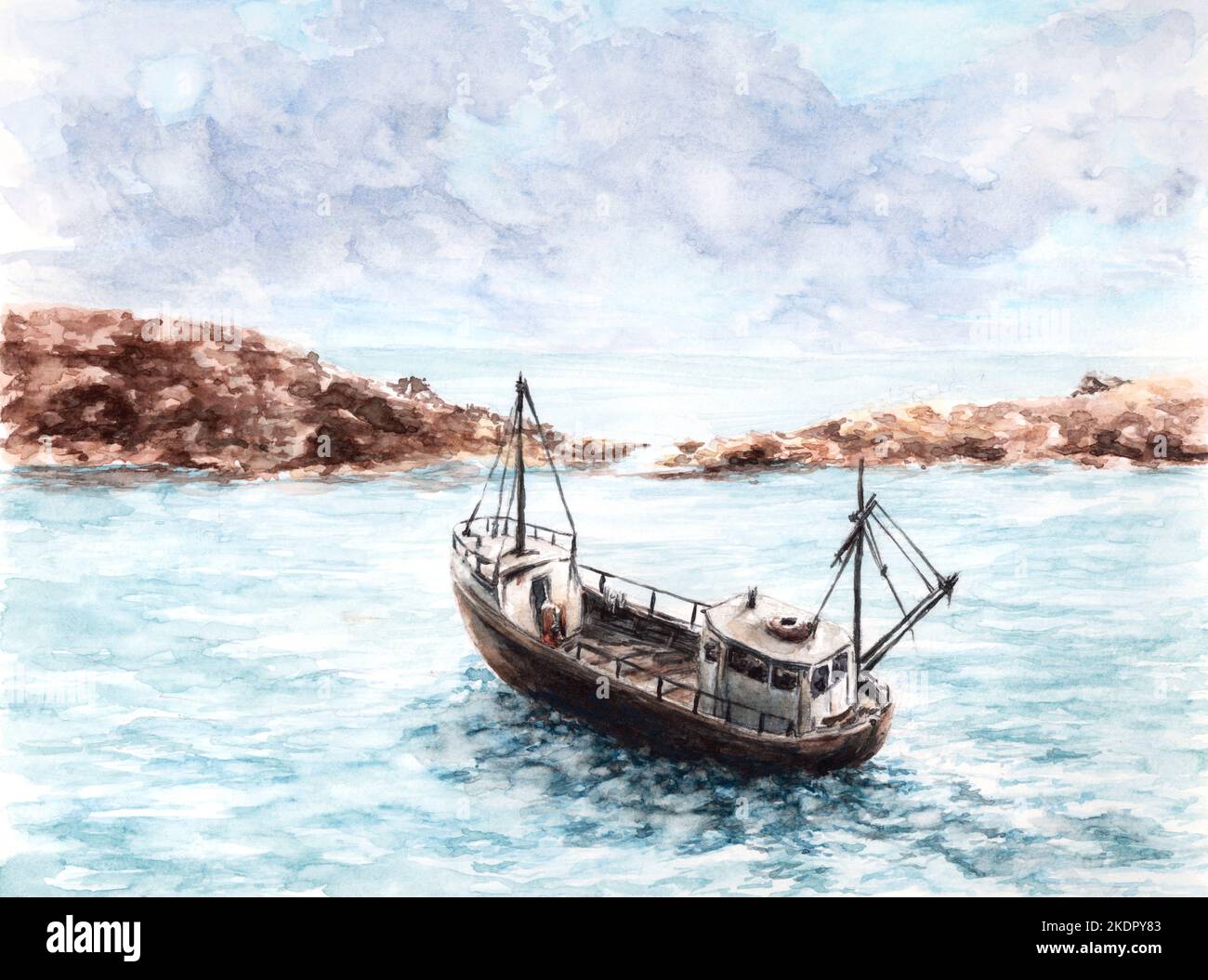 Fishing boat in a bay. Watercolor on paper Stock Photo - Alamy