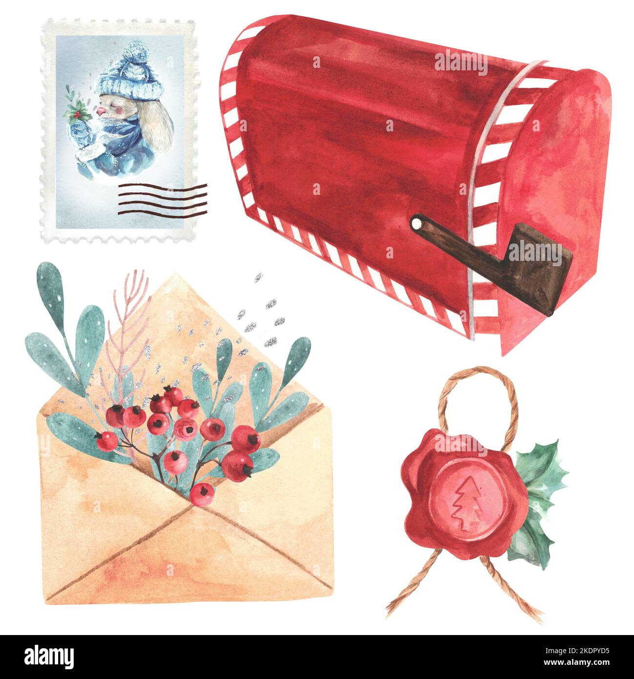Christmas set of envelope, mailbox, seal and stamp. Watercolor ...