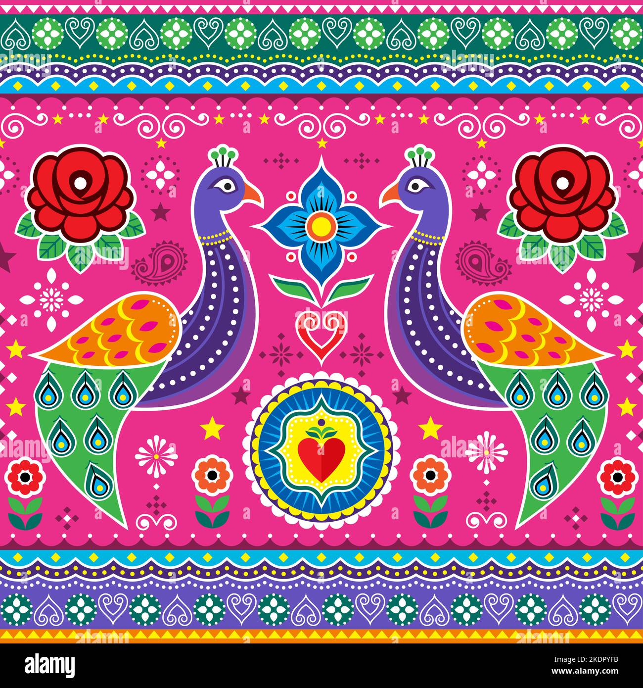 Pakistani and Indian truck art seamless vector design with peacocks ...