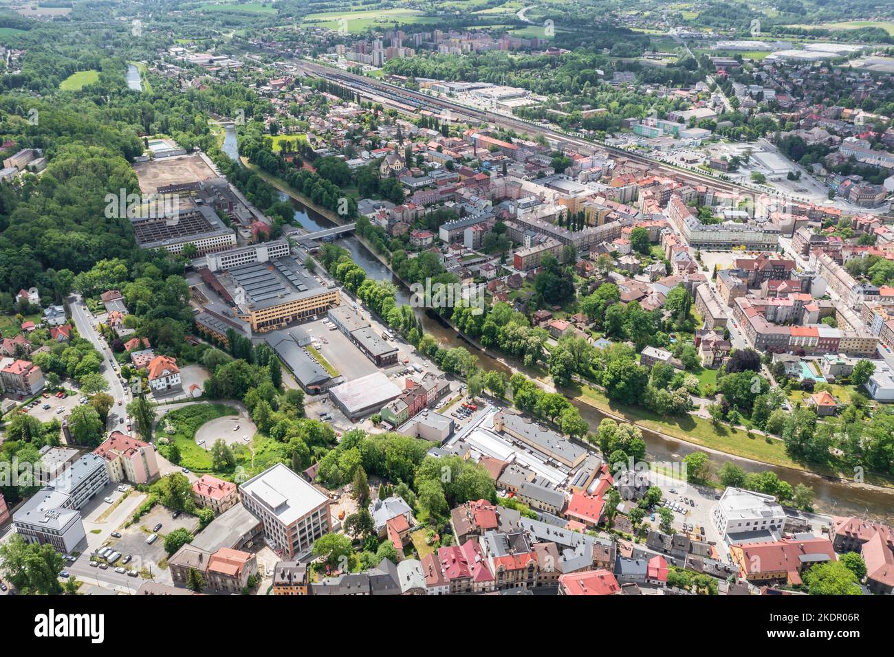 Aerial view of Cieszyn border city in Poland and Cesky Tesin city in ...