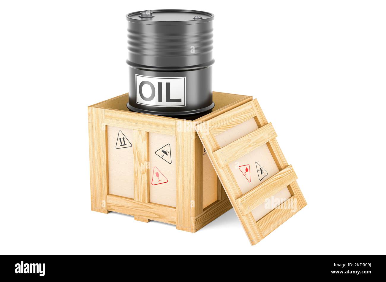 Oil barrel inside wooden box, delivery concept. 3D rendering isolated ...