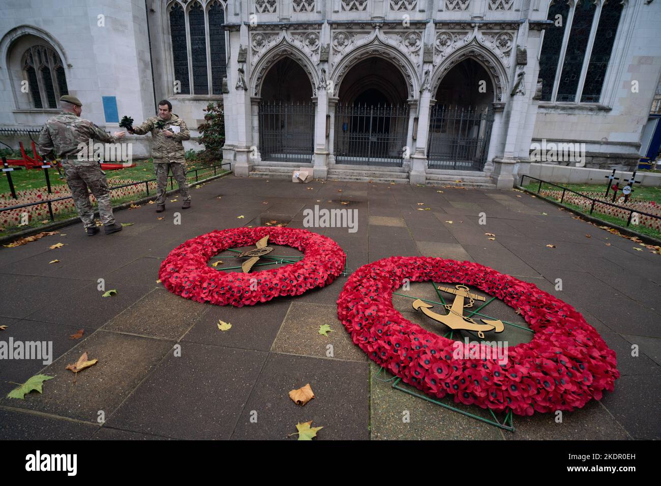 London UK. 8 November 2022. Remembrance wreaths are displayed as Poppy ...
