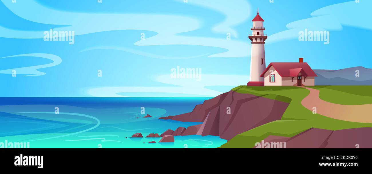 Cartoon ocean shore with lighthouse. Light house on sea coast ...