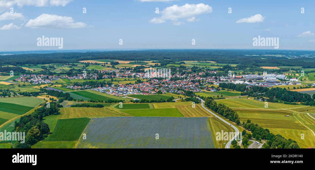 Aerial view to the Ziemetshausen in the Western Forests in Bavaria ...