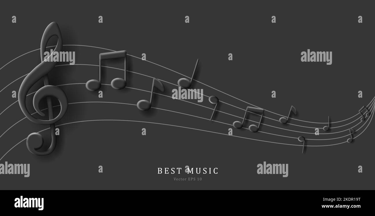 3d black music illustration with clef and notes on note wave lines ...