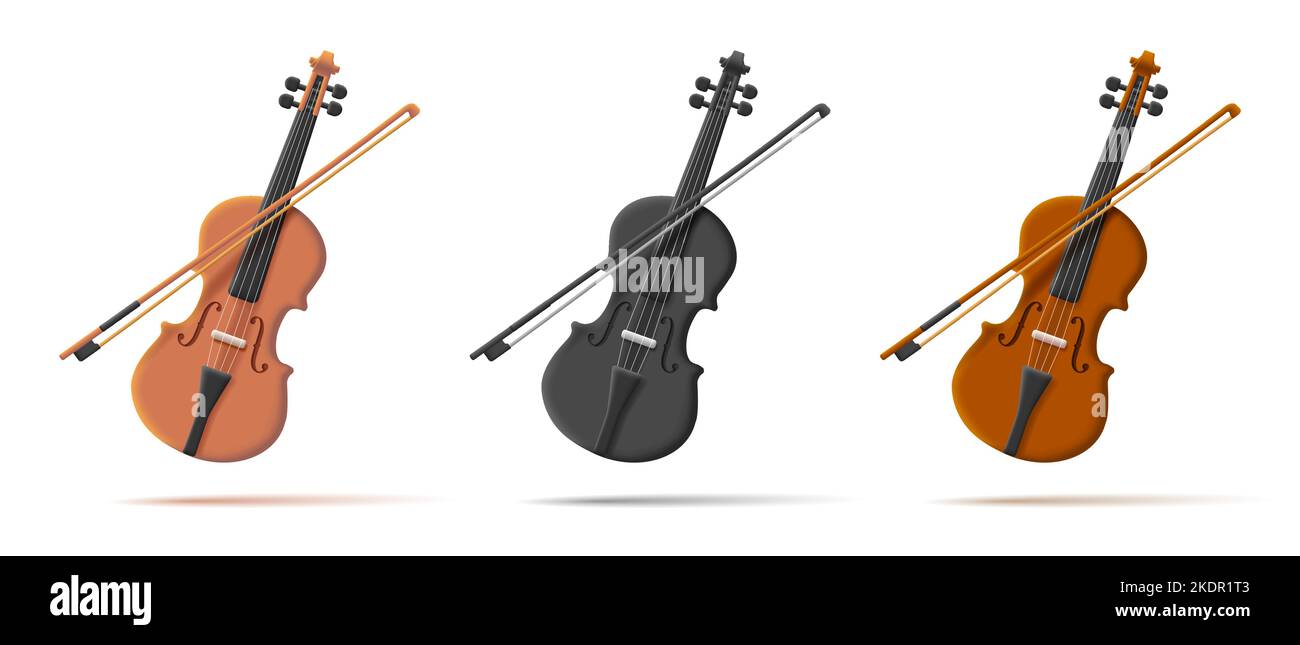 Set of violin with bow music instrument vector 3d illustration, wooden ...