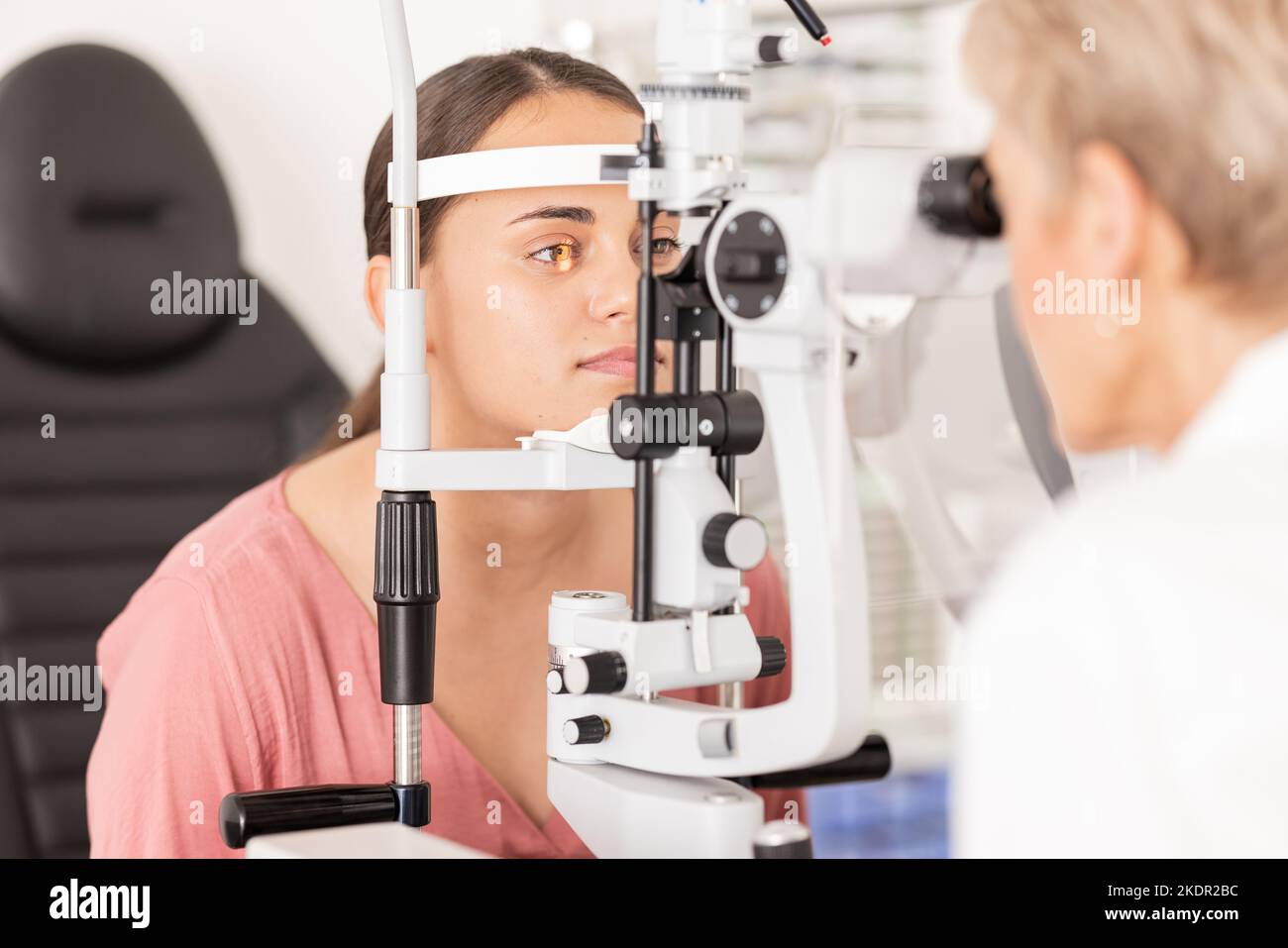 Eye, optometrist and eye exam in ophthalmologist office with optical ...
