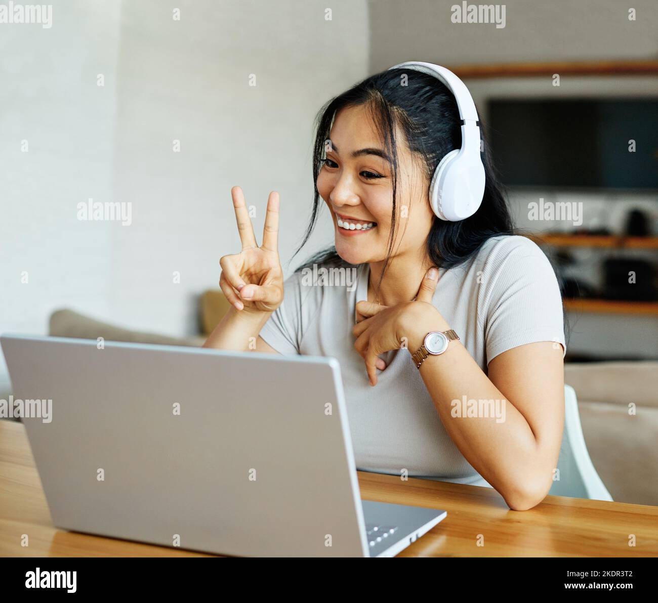 laptop woman computer headphone technology call video communication ...