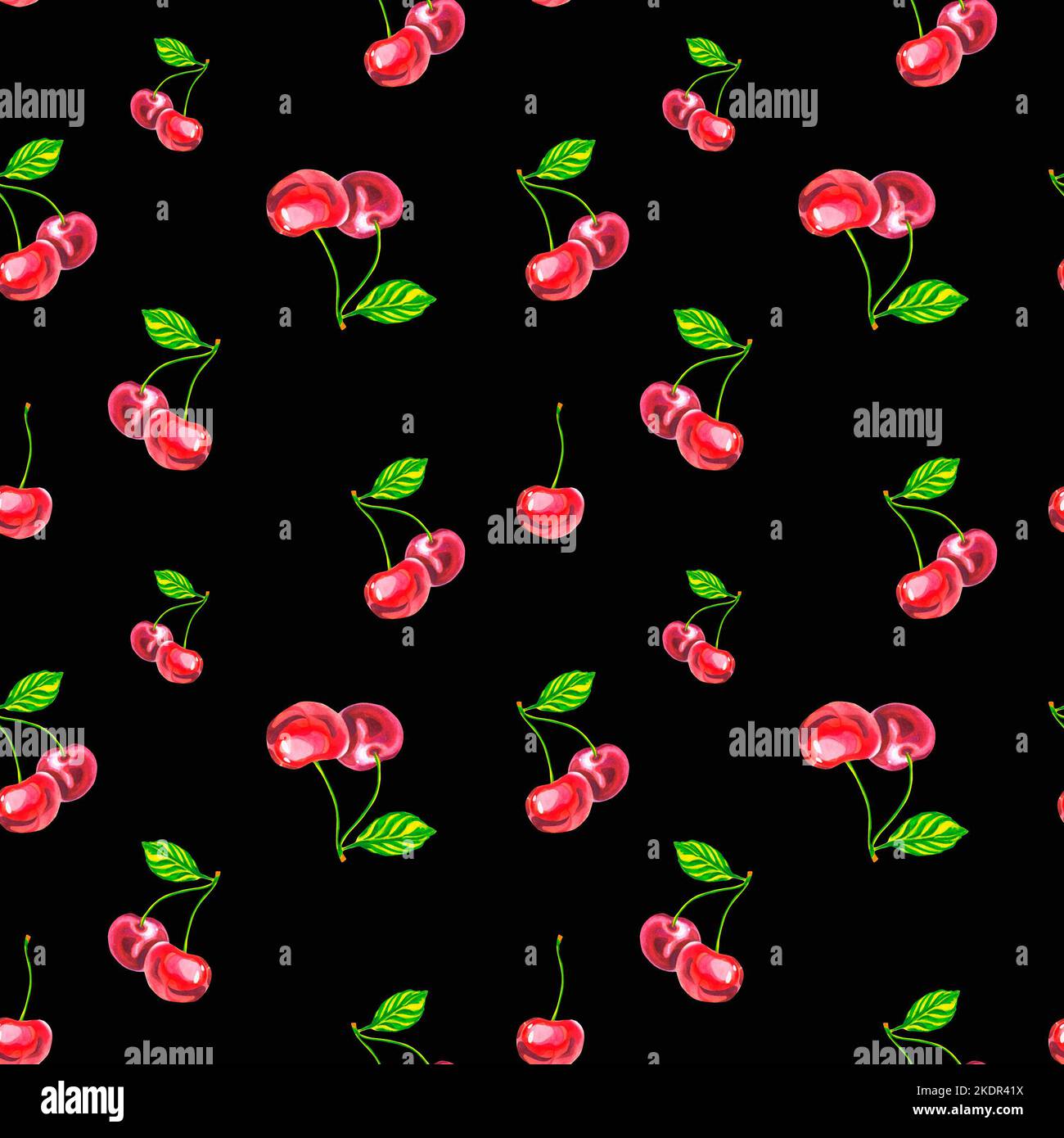 Cherry pattern on a black background. Ripe cherry. Watercolor ...