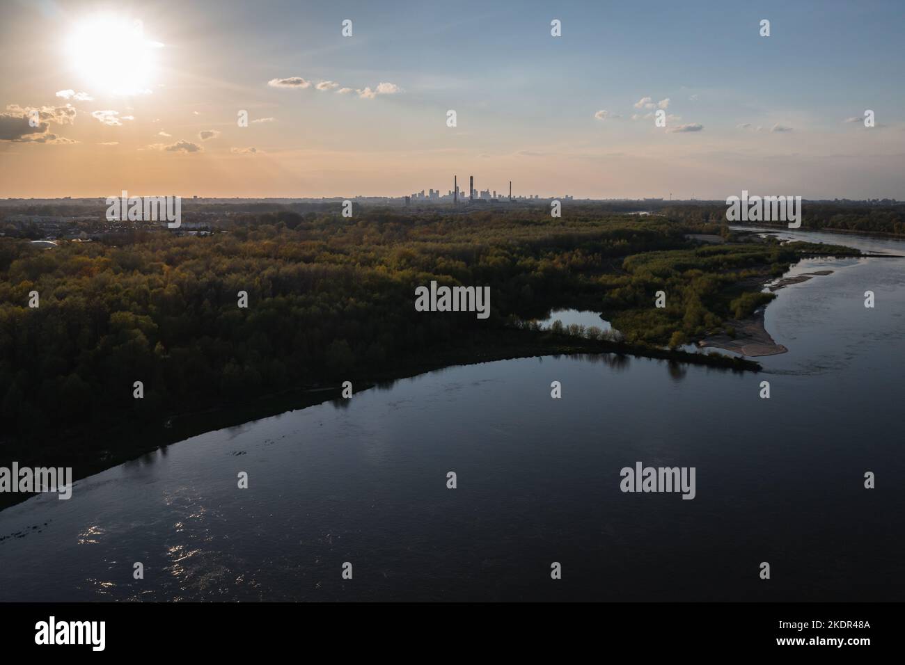 Vistula River in Warsaw, capital of Poland, drone view in Zawady area ...