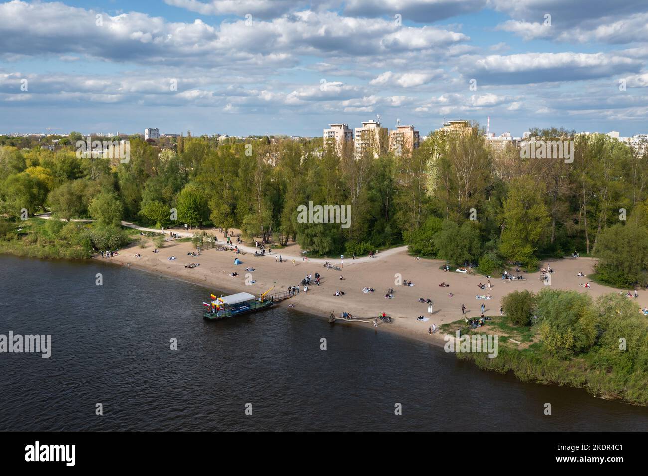 Water bus called water tram in Polish on a Saska Kepa beach in Poland ...