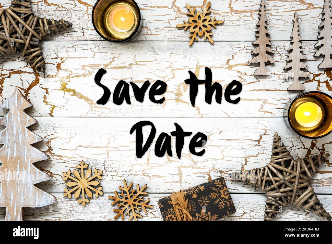 White Christmas Background, English Text Save The Date Stock Photo - Alamy