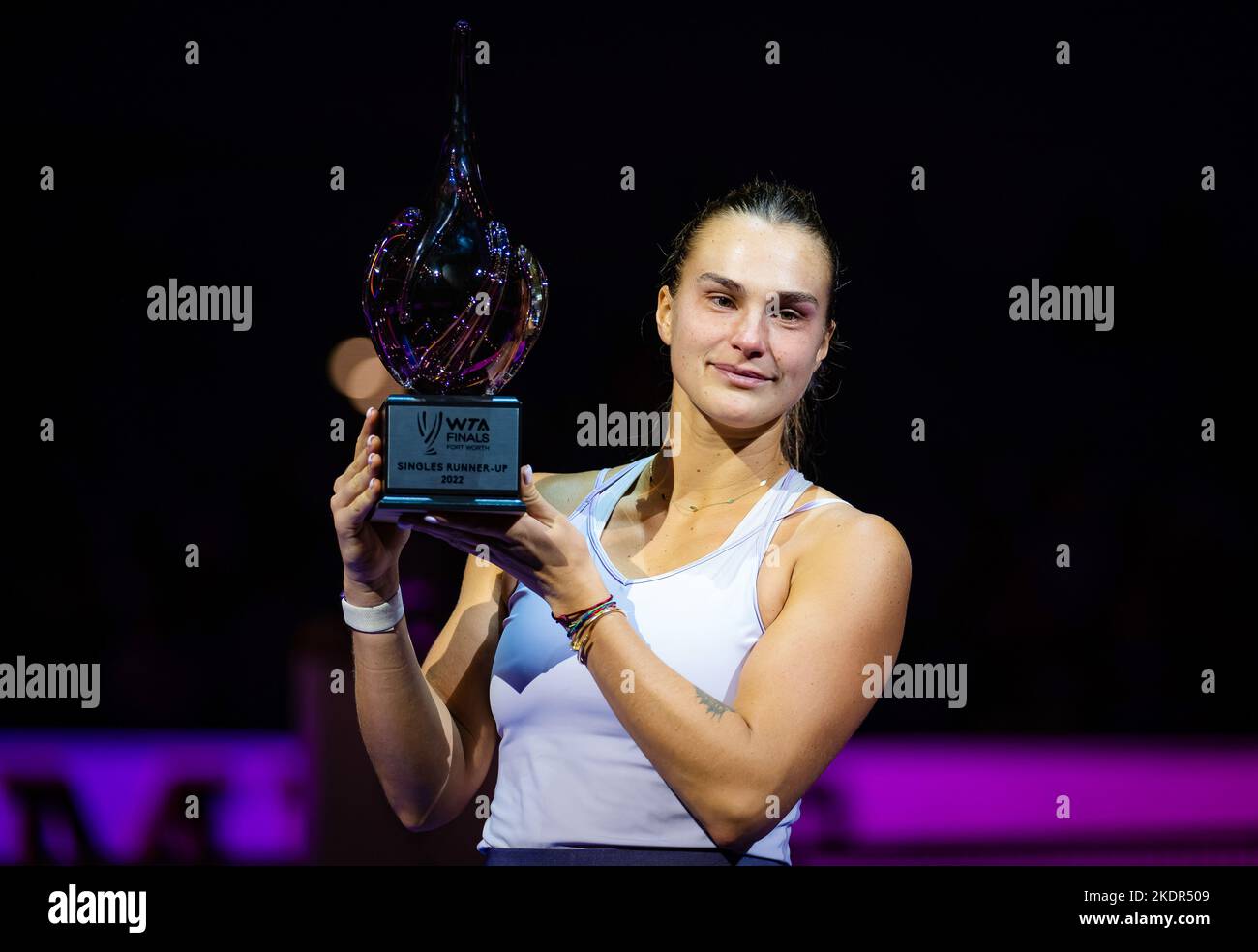 Aryna Sabalenka of Belarus poses with her runner-up trophy after the ...