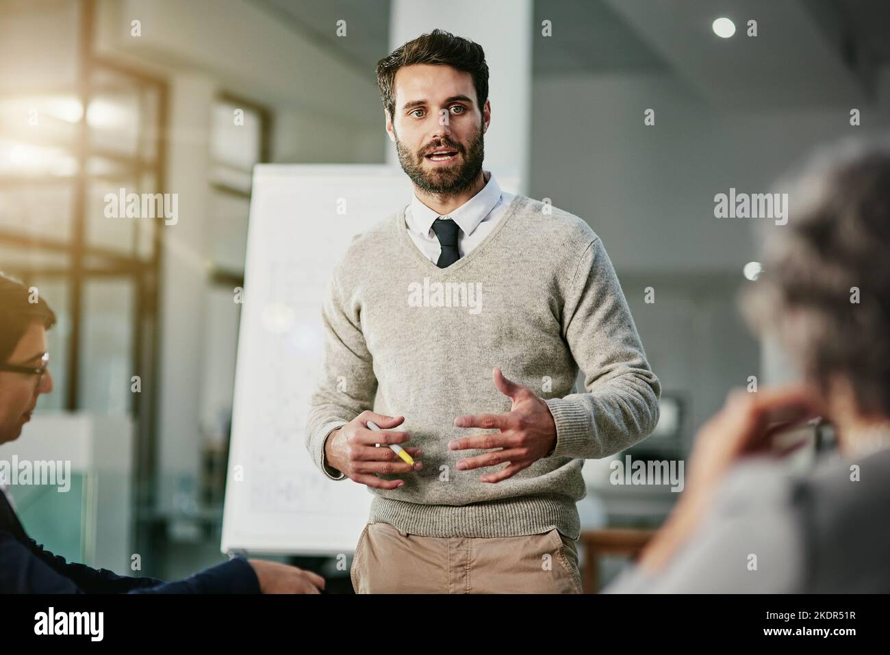 Presenting their plan from start to finish. a young businessman giving ...