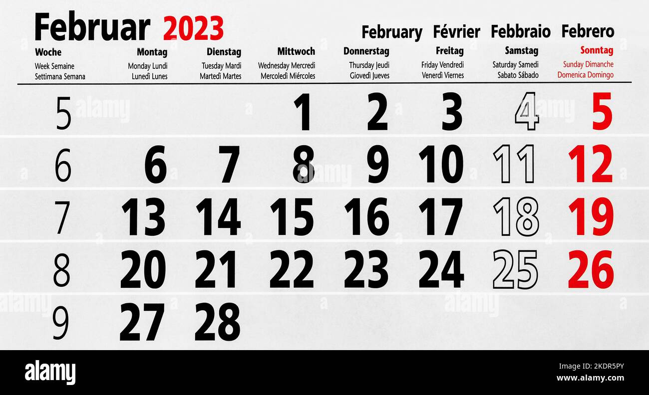Deutscher Kalender Februar 2023 rot schwarz Stock Photo - Alamy
