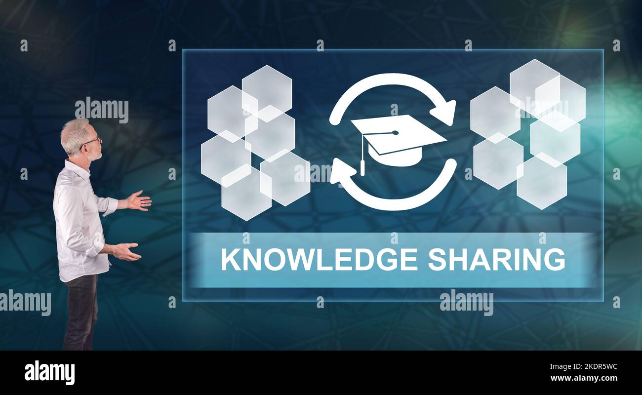 Businessman showing a knowledge sharing concept on a wall screen Stock ...