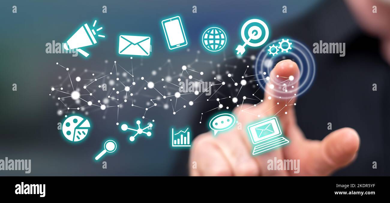 Man touching a digital marketing concept on a touch screen with his ...