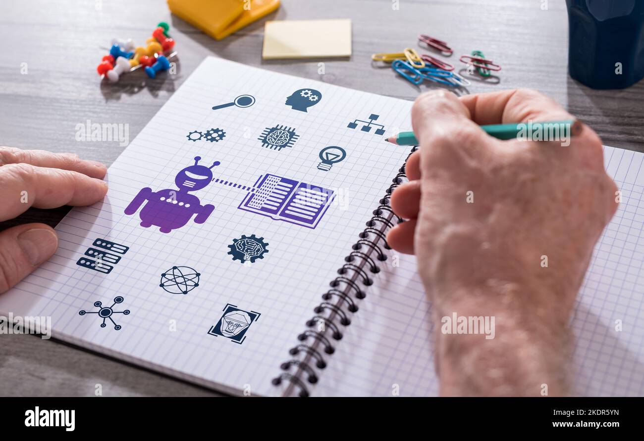 Hand drawing machine learning concept on a notepad Stock Photo - Alamy