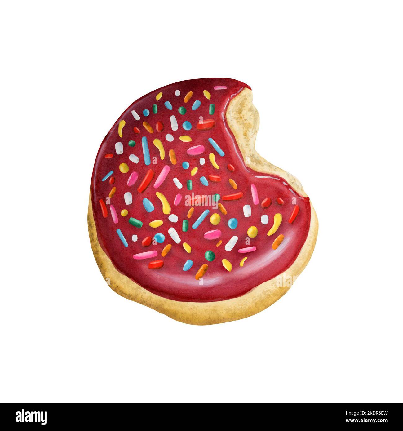 Watercolor red glazed donut with colorful sprinkles. Hand drawn ...