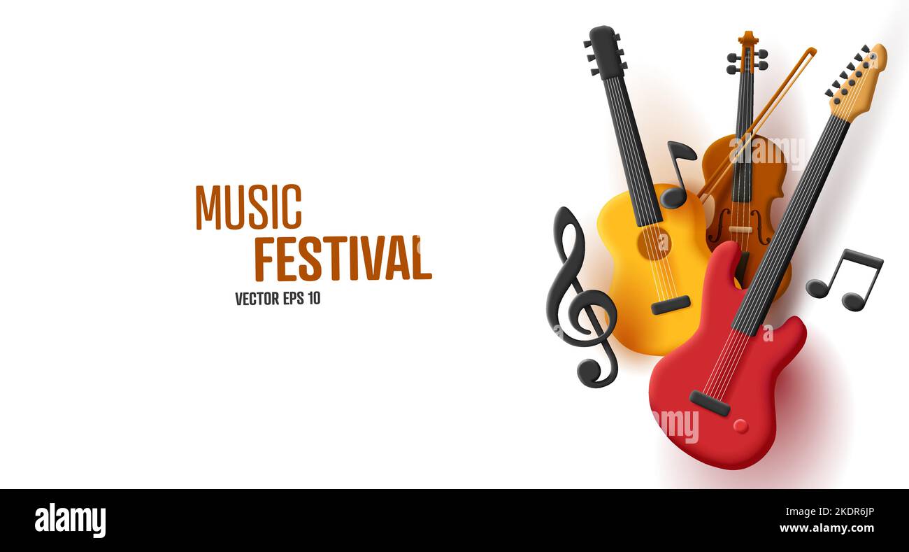 Music festival 3d composition of guitar violin and bass with clef and ...