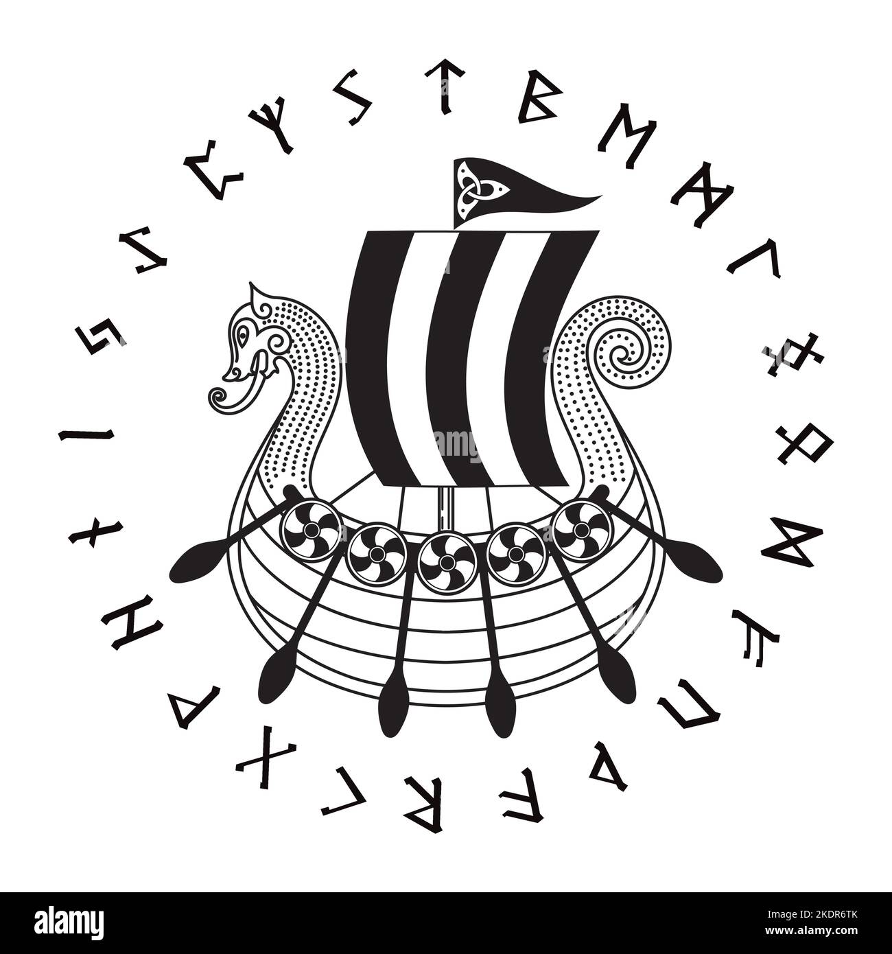 Warship of the Vikings. Drakkar in a circle of Norse runes Stock Vector ...
