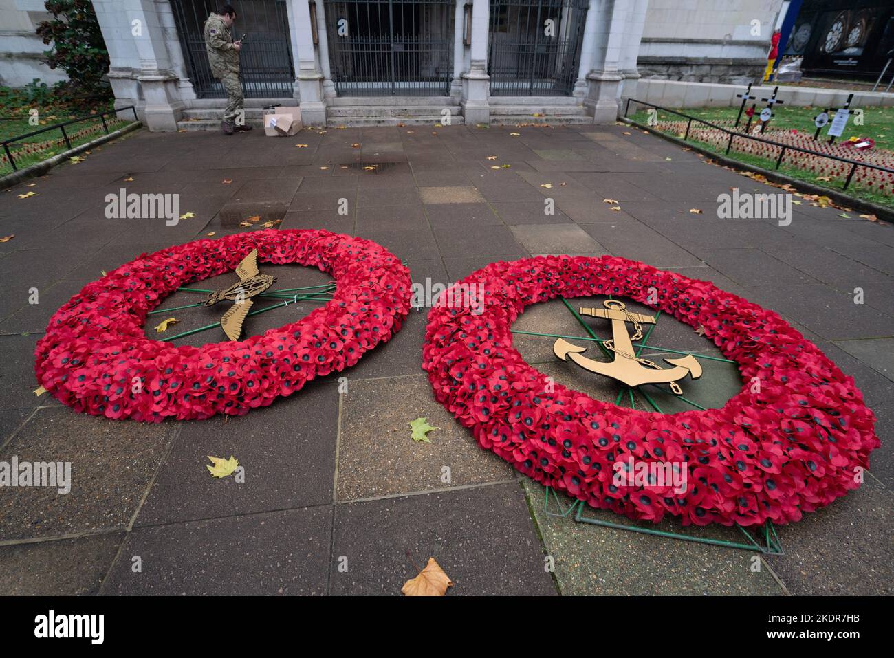 London UK. 8 November 2022. 2 large ceremonial wreaths with poppies are ...