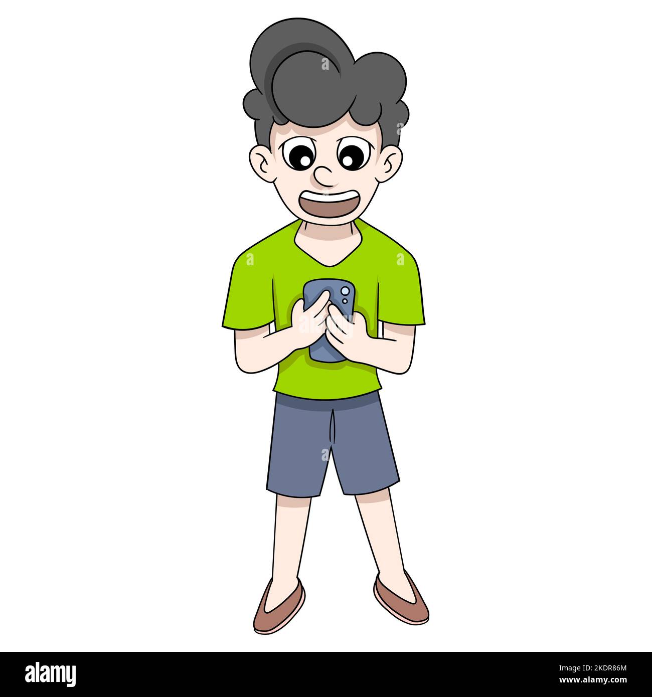 illustration of a man with a laughing face carrying a mobile phone ...