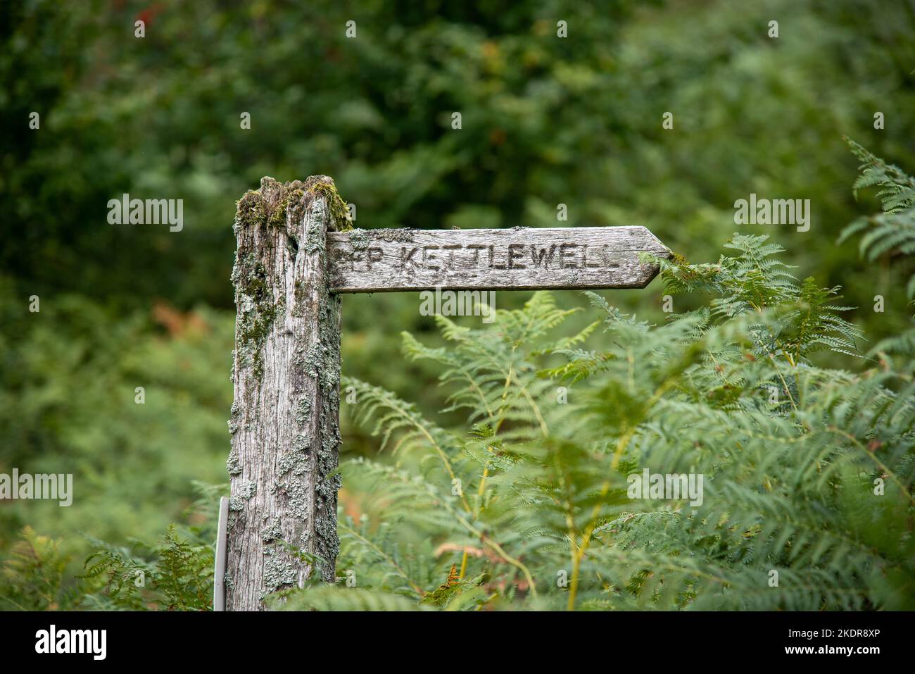Weathered wooden signpost "FP Kettlewell" in the Wharfdale in the ...