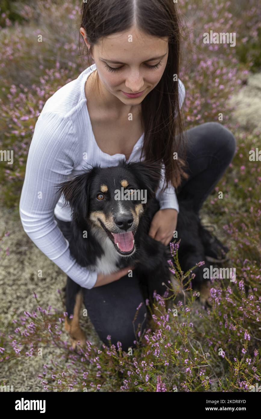 young woman with Miniature Australian Shepherd Stock Photo - Alamy