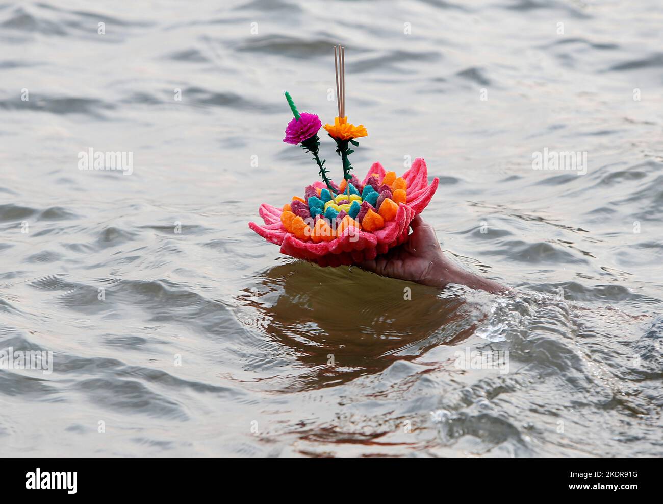A man carries a Krathong in the Chao Phraya River during the Loy ...