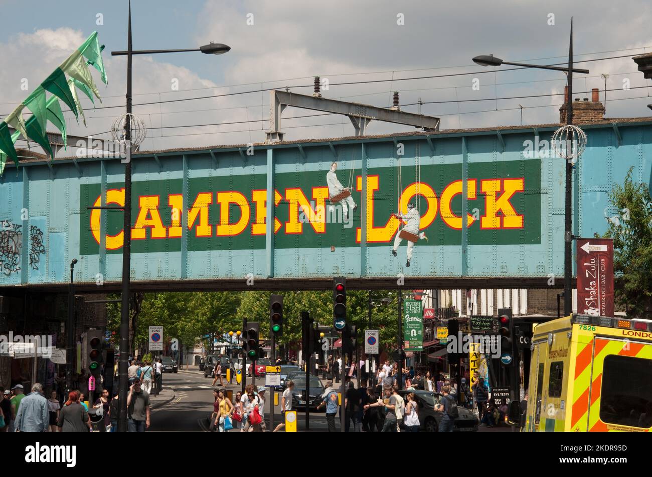 Street view, Camden Lock Market, Camden, London, UK. People, cars ...