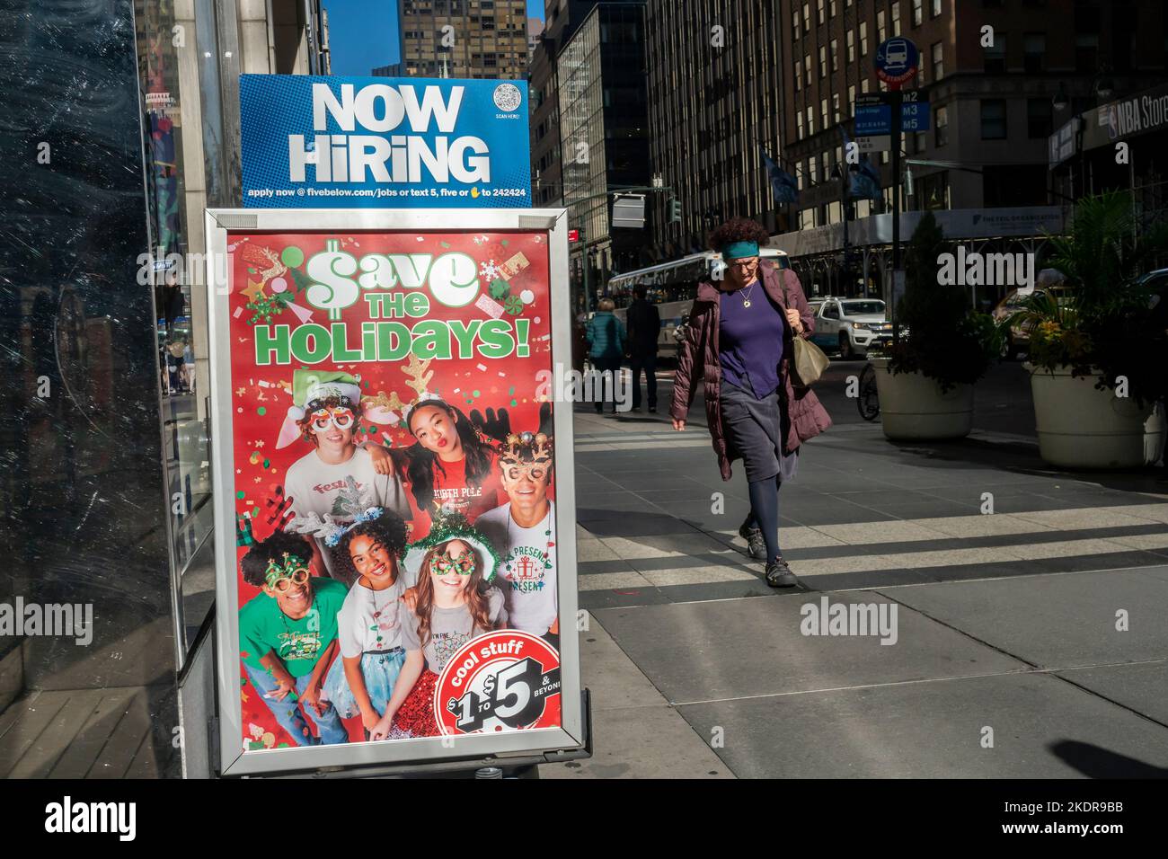 Hiring sign outside a Five Below store in Midtown Manhattan in New York ...