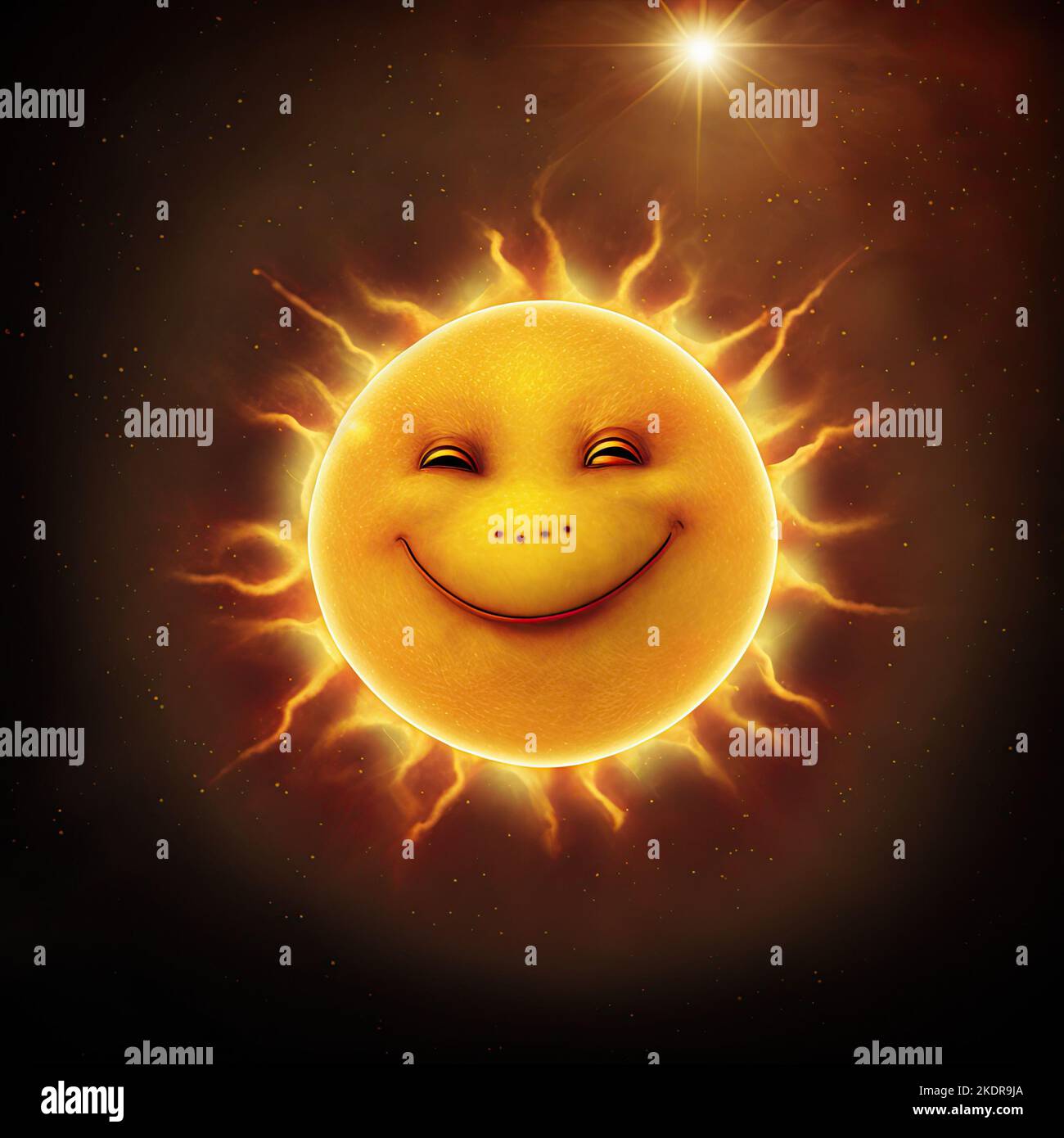 happy sun smiling in deep space and isolated on a black background ...