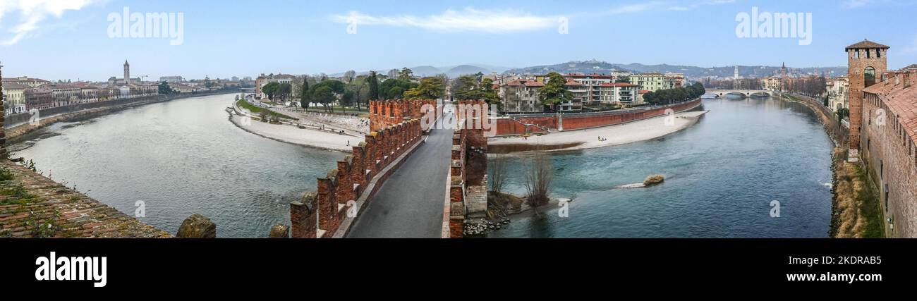 Verona, Italy - 03-04-2022: Extra wide angle view of the Adige River ...