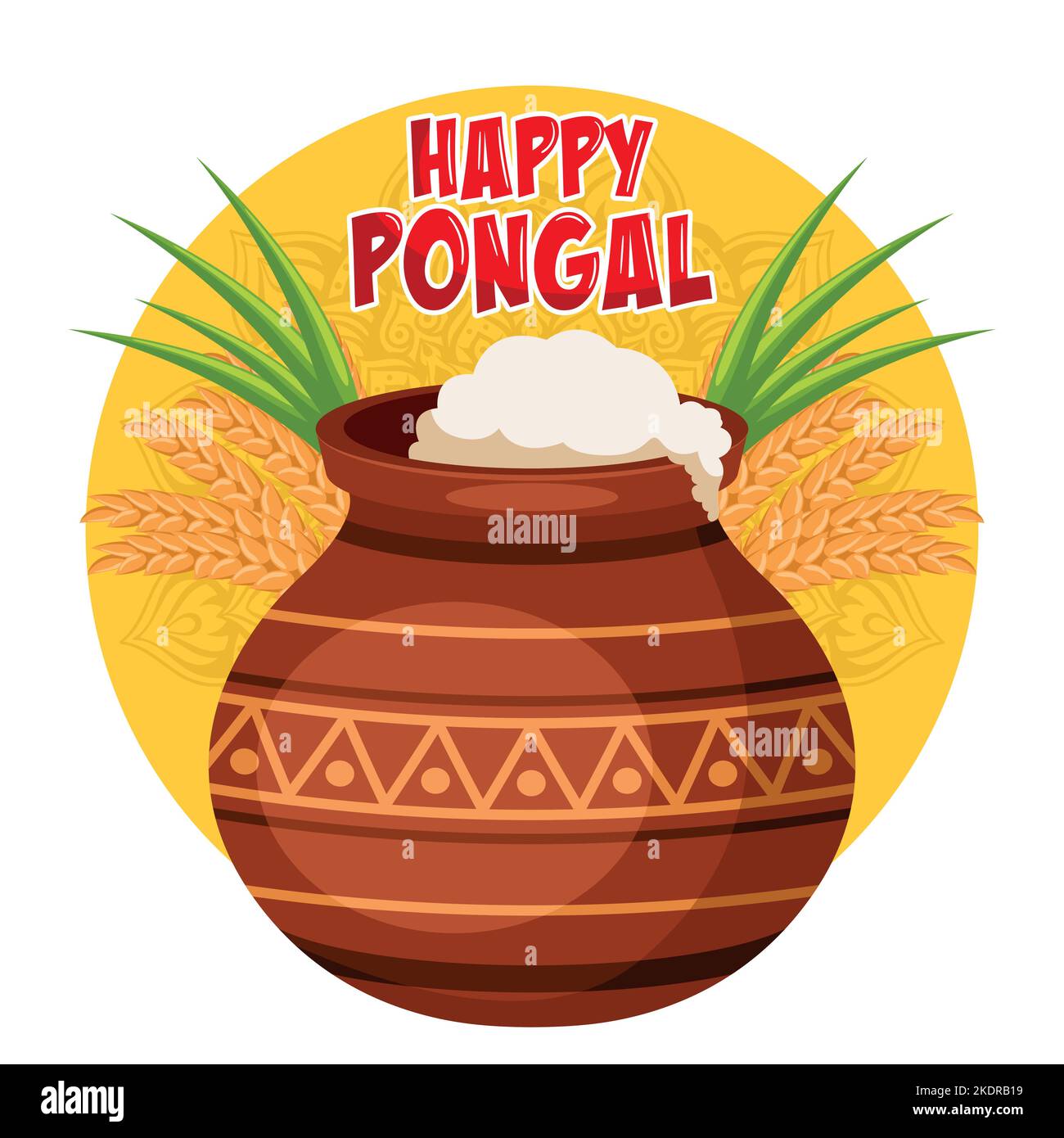Traditional clay pot with rice, sugarcane and wheat for Happy Pongal ...