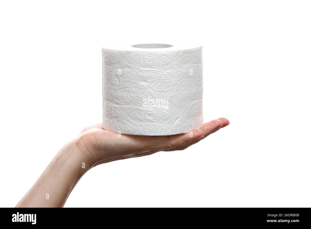 Close-up of a woman hand using toilet paper isolated on a white ...