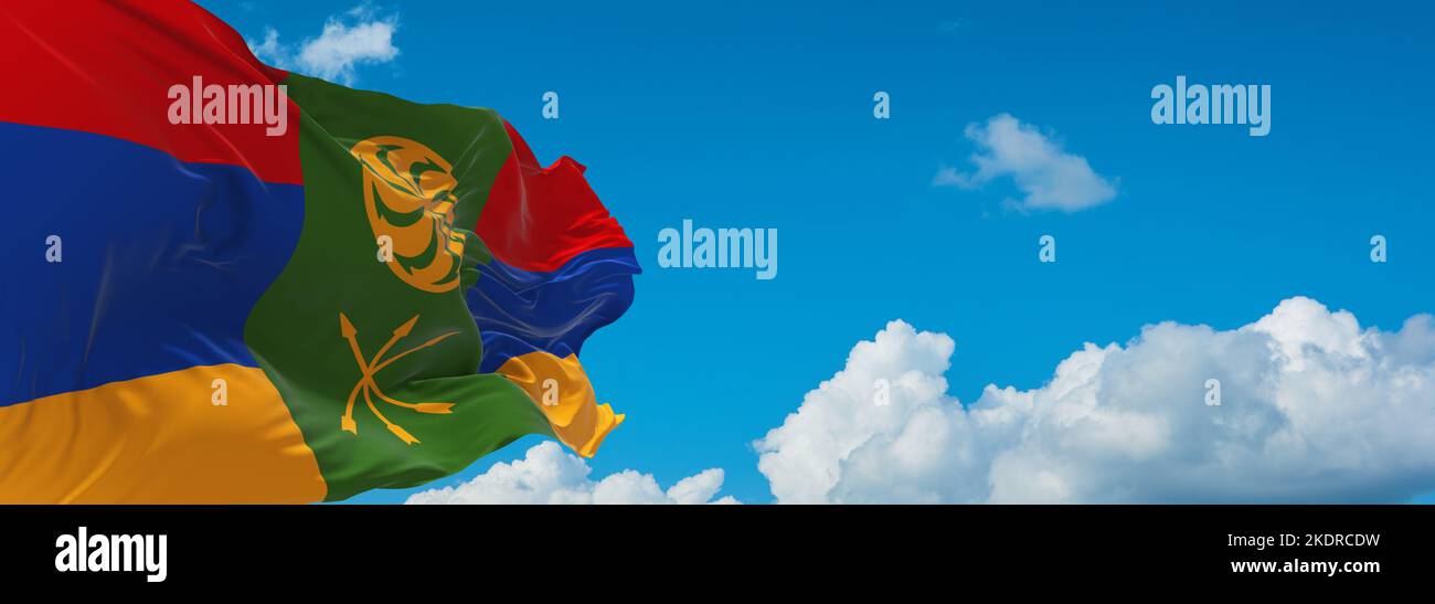 flag of Caucasus Armenian peoples Cherkesogai at cloudy sky background ...