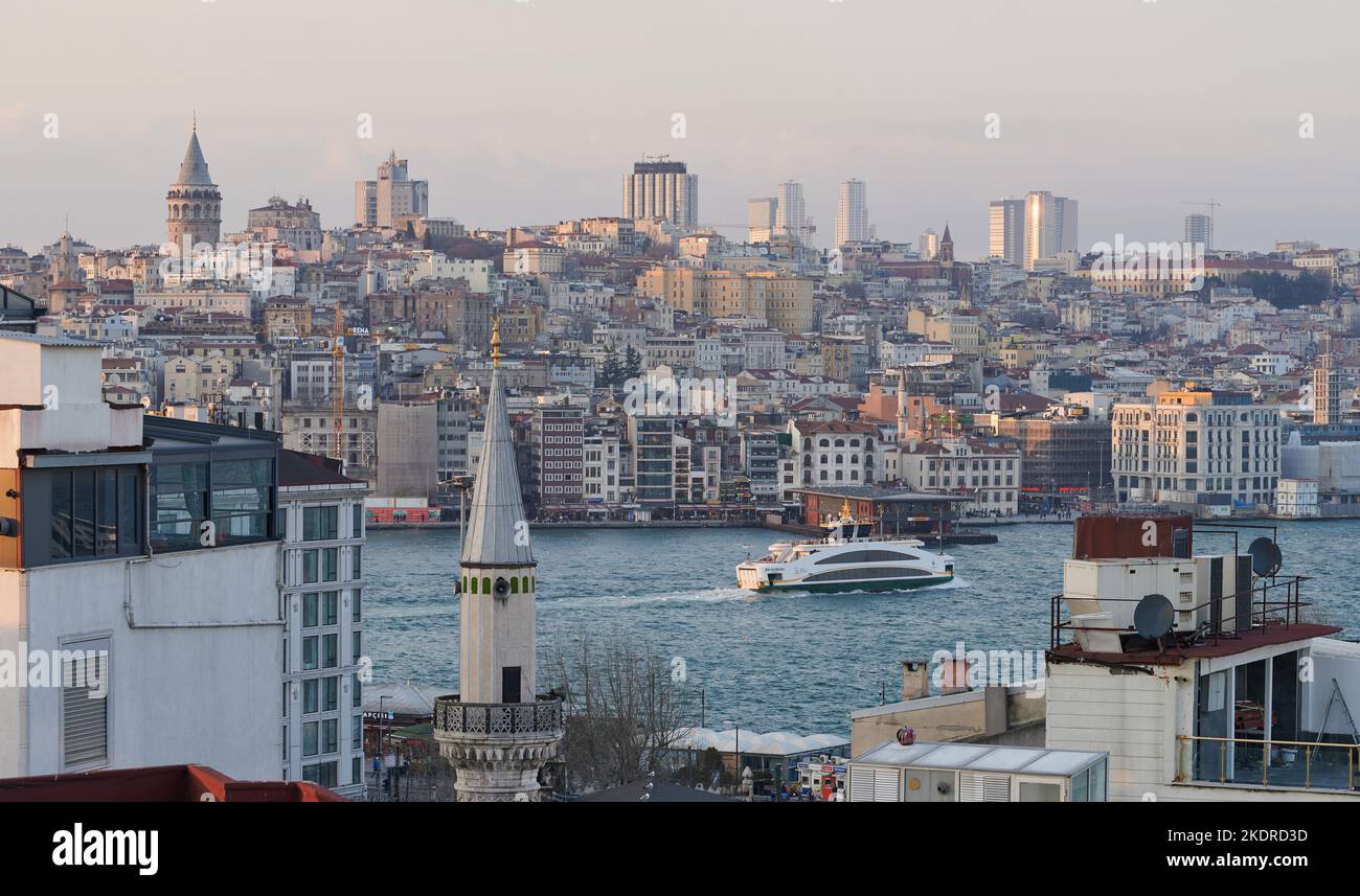 Bosphorus in Istanbul homes background in sunset golden light Stock ...