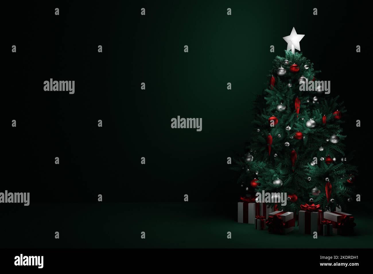 Christmas tree with gift box on dark green background. 3d render Stock ...