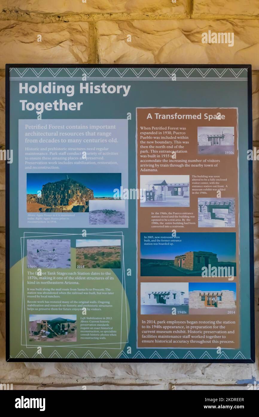 Interpretive sign about historic park building at Puerco Pueblo in ...