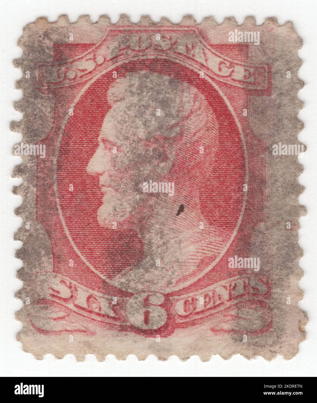 USA - 1870: An 6 cents carmine postage stamp depicting bas-relief ...