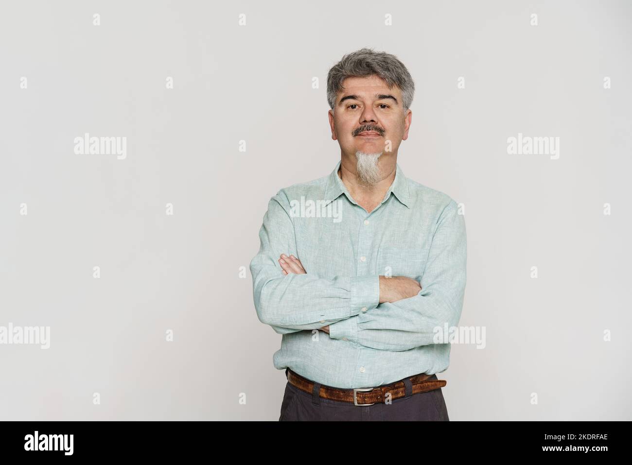 Mature man with grey beard posing and looking at camera isolated over ...