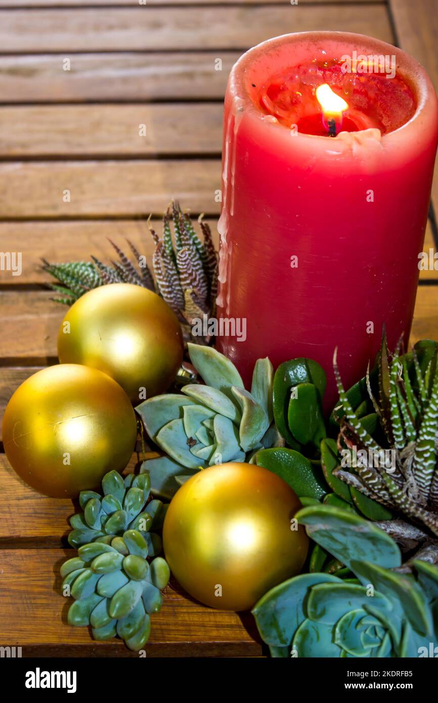 A lit red pillar candle, surrounded by succulent plants and golden ...