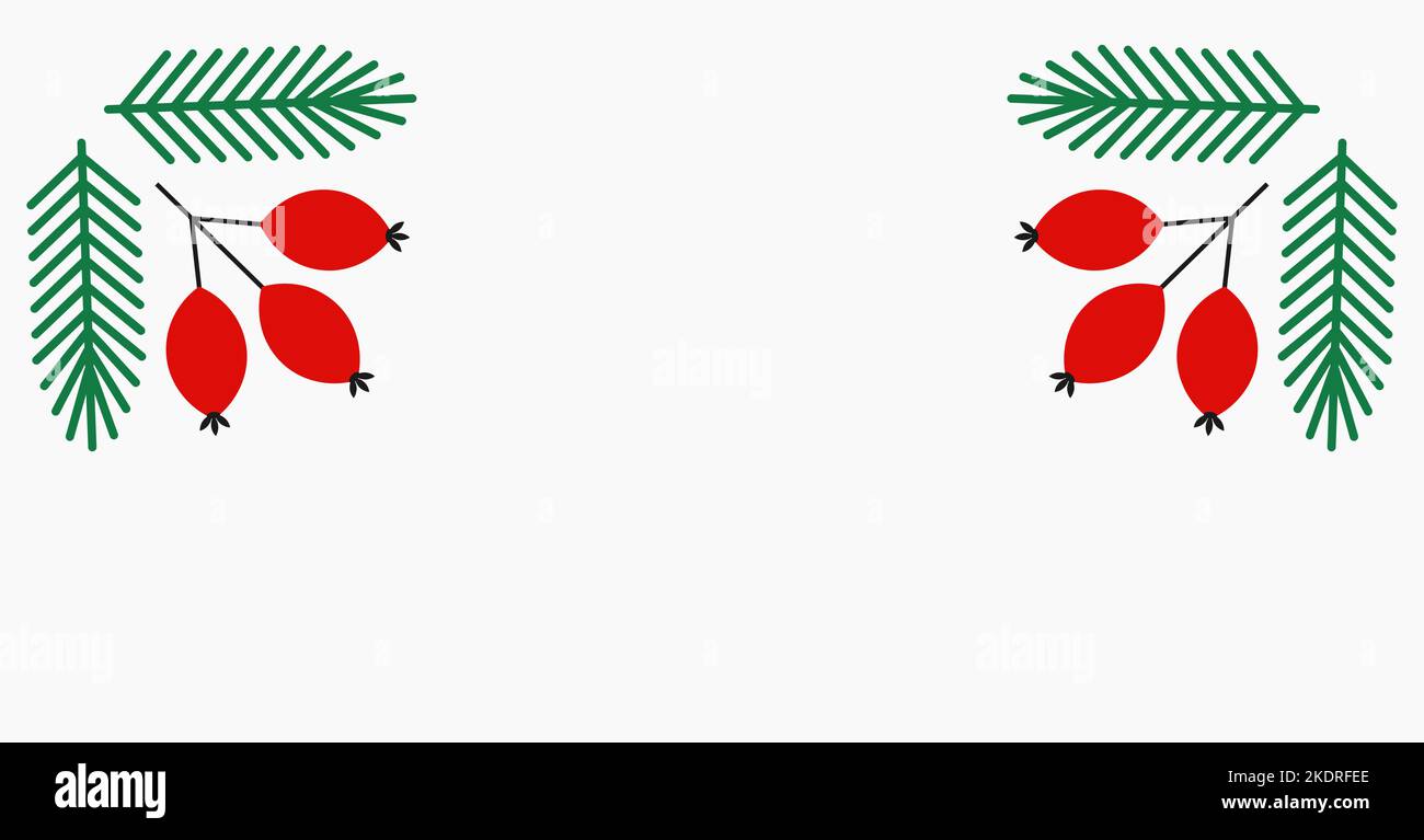 Rose hip fruits and fir branches Christmas frame background. Vector ...