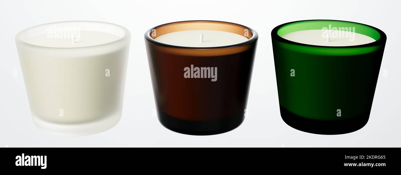 Set of three colored glass container candles mock-up 3D render, scented ...