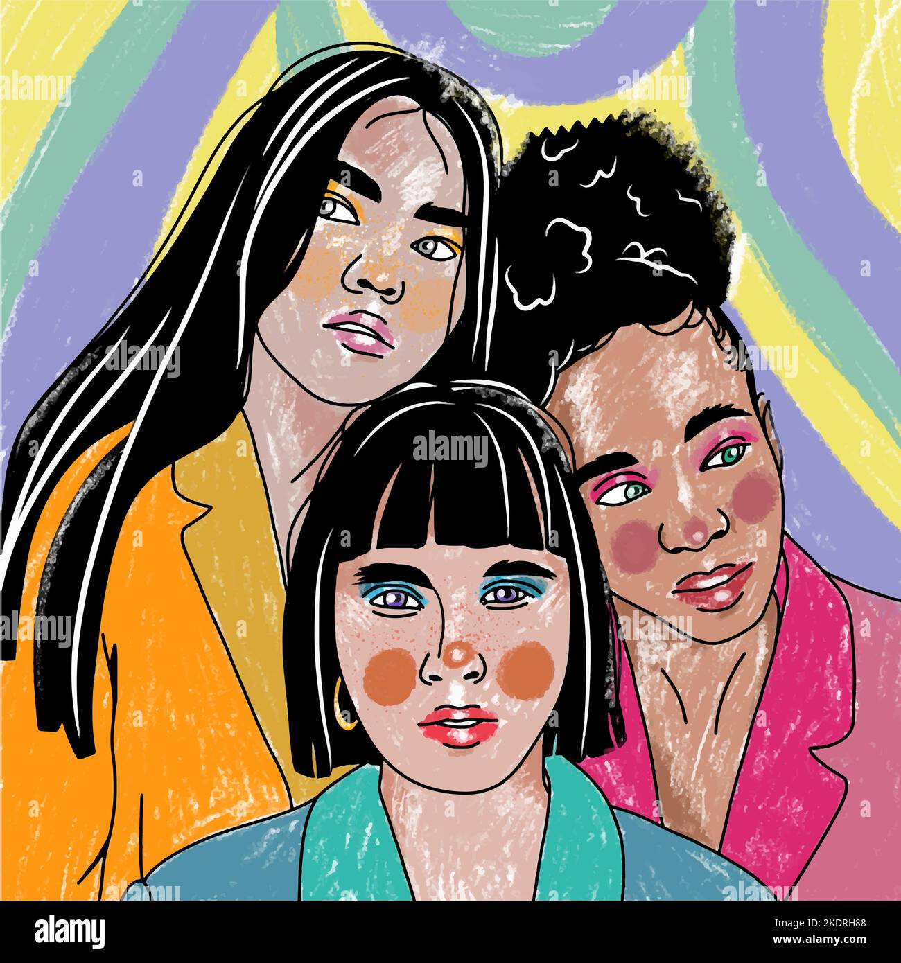 Group of girls, Beautiful portrait, bright colors, drawing in pop art ...
