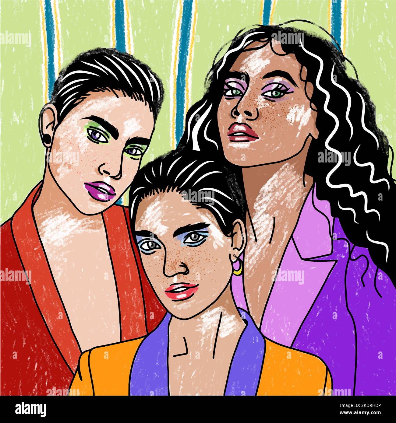 Beautiful portraits of a group of girls in colorful clothes, bright ...