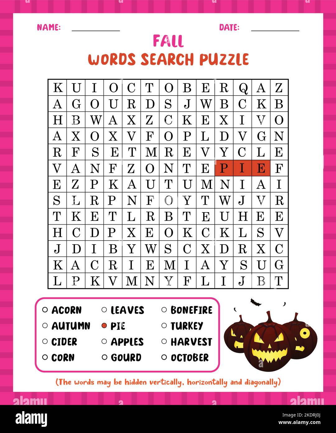 Word search game fall word search puzzle worksheet for learning english ...
